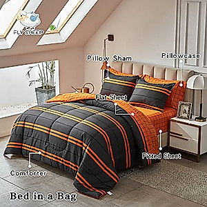 FlySheep Boho Striped Bed in a Bag 6 Pieces Twin Size, Ombre Bright Orange Stripes on Black Comforter Sheet Set (1 Comforter, 1 Flat Sheet, 1 Fitted Sheet, 2 Pillow Shams, 1 Pillowcase)