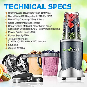 Personal Electric Single Serve Blender - 600W Professional Kitchen Countertop Mini Blender-for Shakes and Smoothies w/ Pulse Blend, Convenient Lid-Cover, Portable 10 & 20 Oz Cups - NutriChef NCBL60
