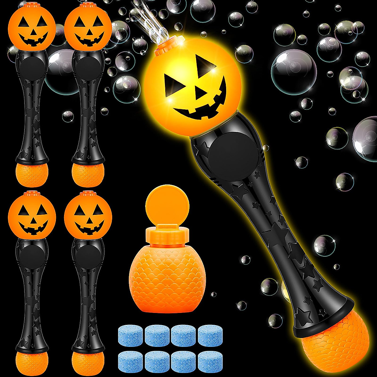 Poen 4 Set Graduation Bubble Wand Light up Pumpkin Bubble Blower Wand Illuminating Bubble Blower Wand Flashing LED Wand with Thrilling LED and Sound Effect Halloween Party Favors Gift Halloween