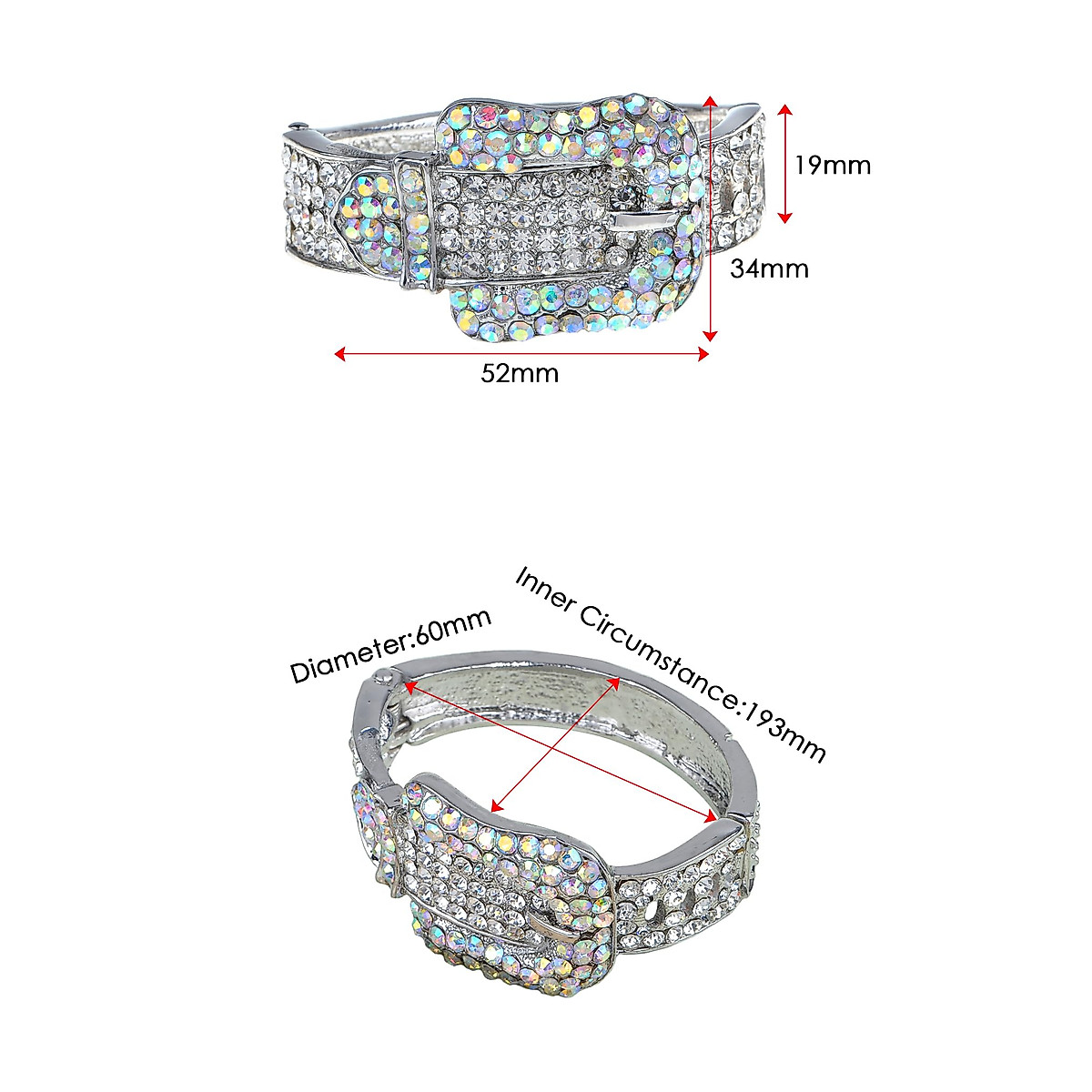 Alilang Silvery Tone Iridescent Clear Crystal Colored Rhinestones Belt Buckle Cuff Bracelet
