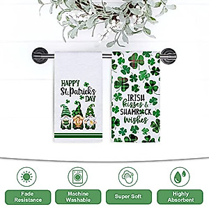 Seliem Happy St. Patrick's Day Gnome Clover Kitchen Dish Towel Set of 2, Irish Kisses Shamrock Wishes Hand Towel Green Check Drying Baking Cooking Cloth, Spring Holiday Home Kitchen Decor 18x26 Inches