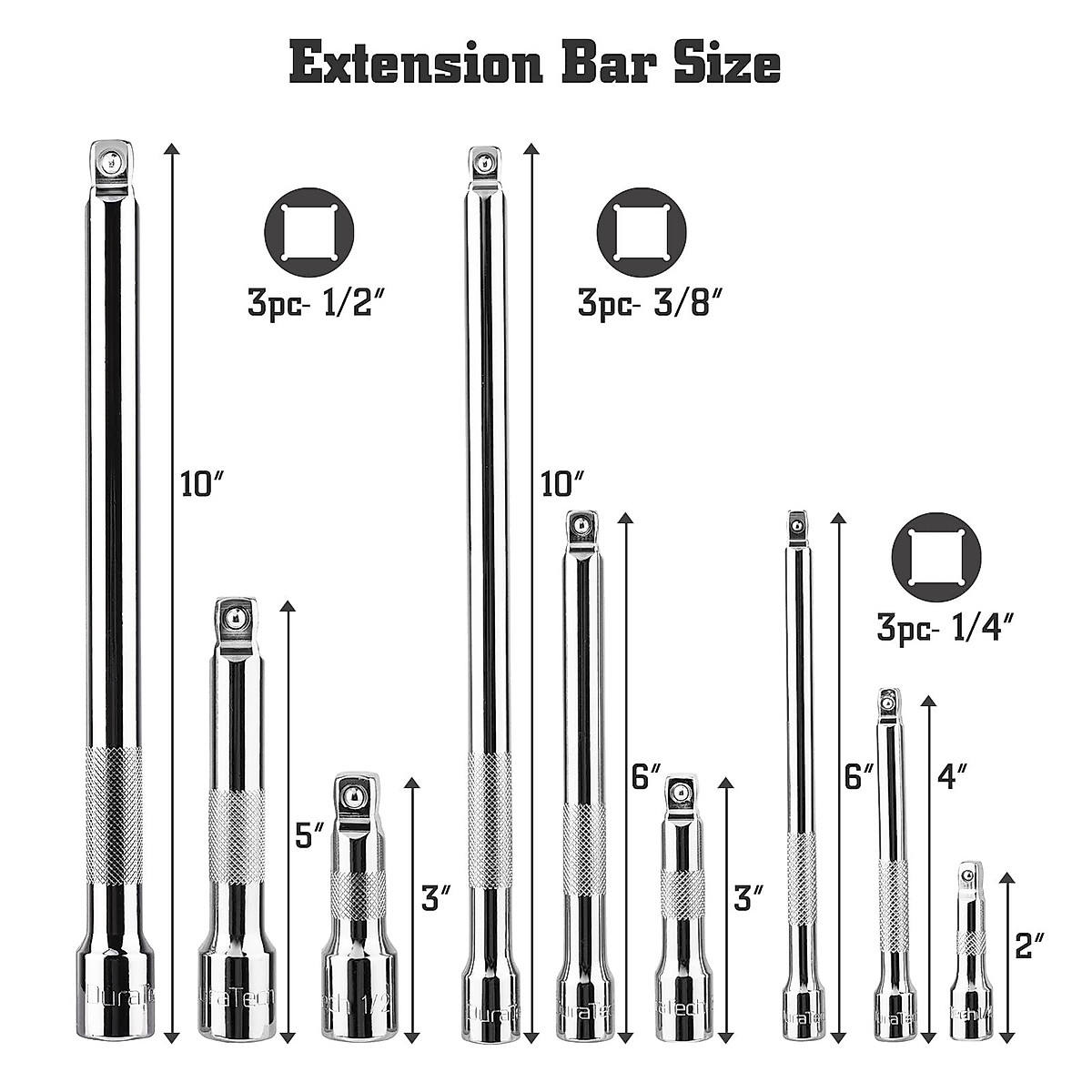 DURATECH Wobble Socket Extension Bar Set, 1/4", 3/8", 1/2" Drive Socket Extension Set, Cr-V Steel, Chrome Plated, Storage Tray Included, 9 PCS