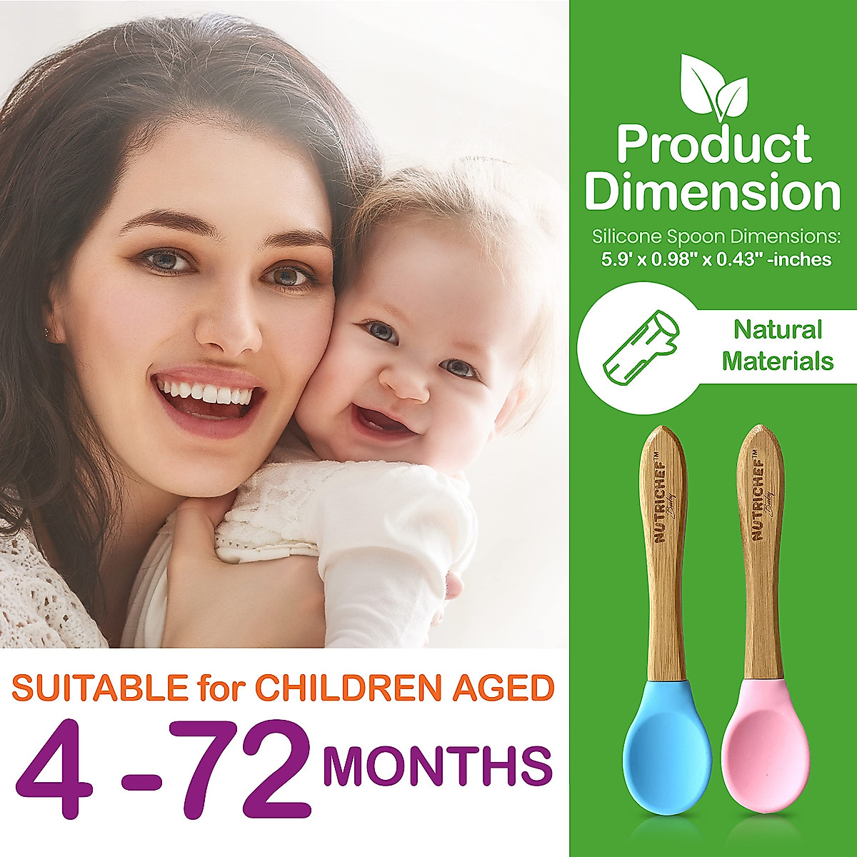 Nutrichef 2 Piece Baby & Toddler Spoon Set, All Natural Wooden Spoon Set w/Soft Curved Food Grade Silicone Head, Self-Feeding Utensils, BPA Free, Toddler & Child Tableware for ages 4 months- 6 years