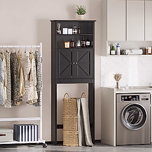 Reettic Tall Over The Toilet Storage with Two Doors, Free Standing Bathroom Space Saver with Inner Adjustable Shelf, Wooden Bathroom Cabinet Organizer Over Toilet, Black BMGZ151B