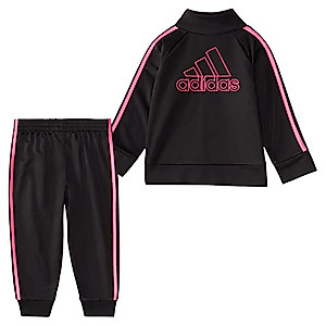 adidas Girls Zip Front Classic Tricot Jacket and Joggers Set, Black with Pink, 24 Months