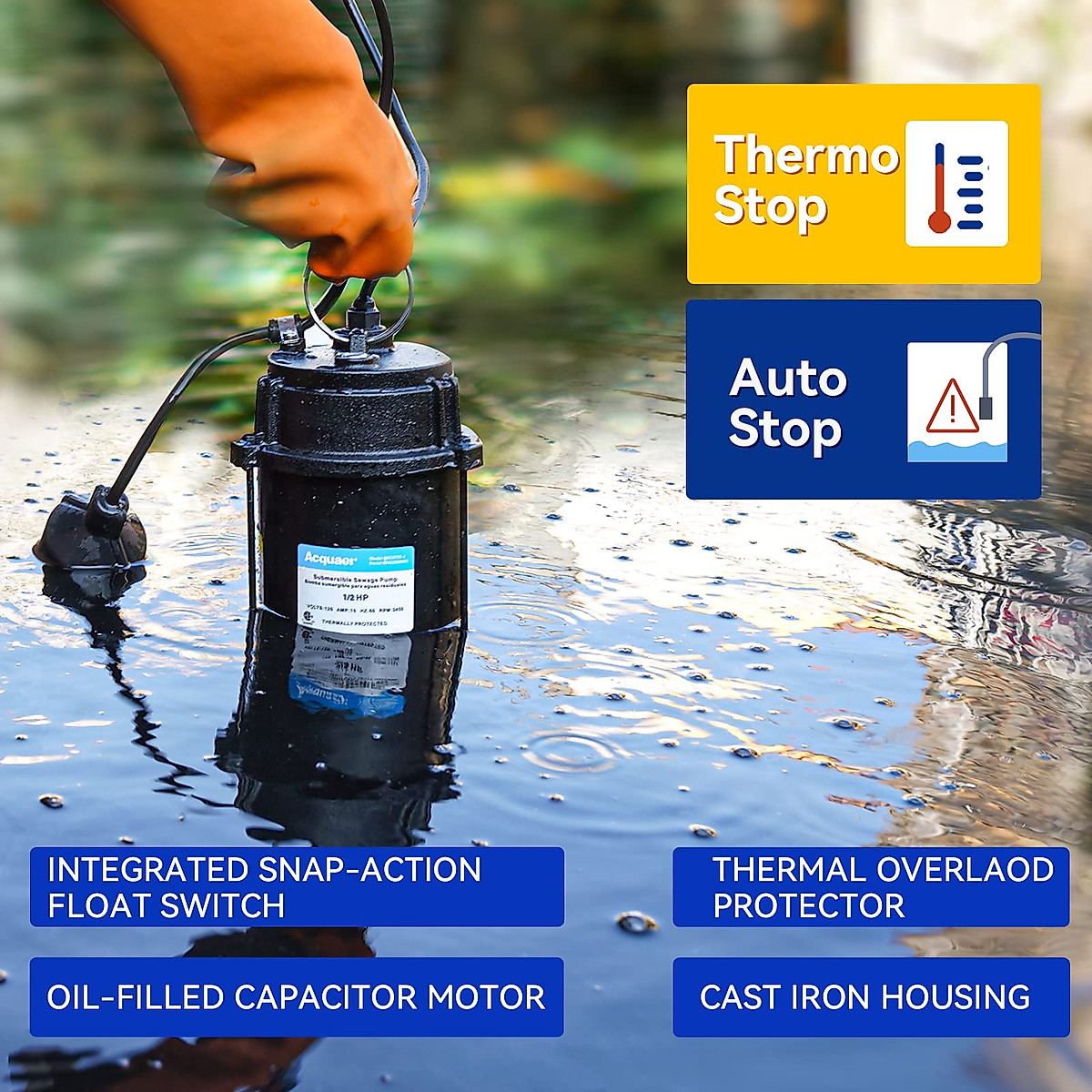 Acquaer 1/2HP Submersible Sewage/Effluent Pump, 6000 GPH, Cast Iron, Automatic Tethered Float Switch, 115V Sump Pump for Sump Basin, Residential Sewage, Basement, 2'' NPT Discharge