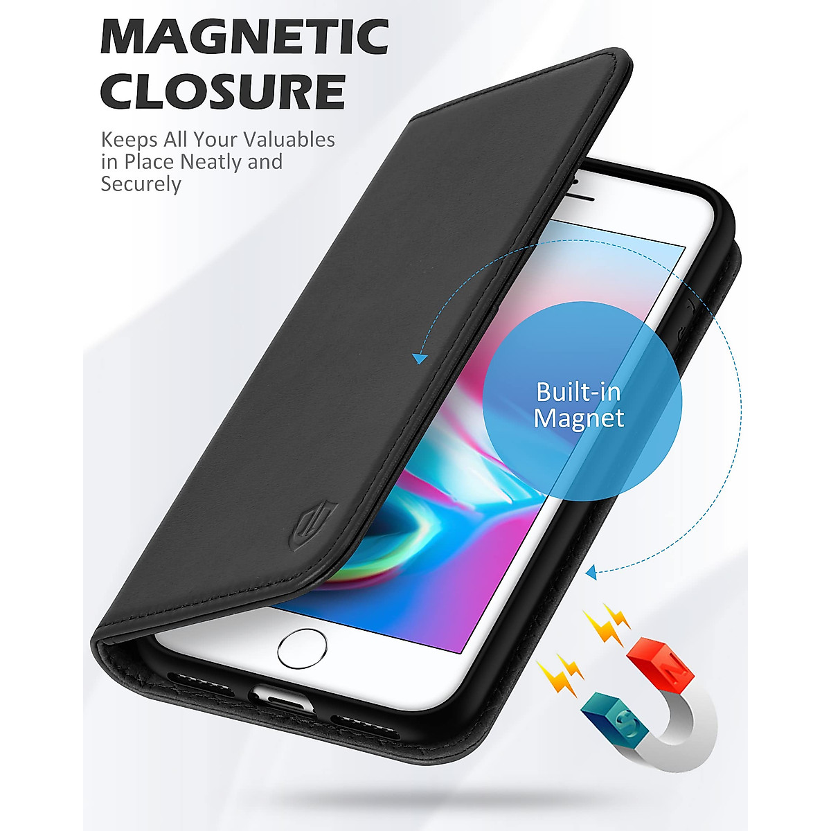 SHIELDON Genuine Leather iPhone 8 Plus Wallet Case Book Flip Cover and [Credit Card Slot] Magnetic Closure Compatible with iPhone 8 Plus / 7 Plus - Black