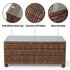 ECOTOUGE Rattan Coffee Table, Wicker Patio Tea Table, Rattan Patio Coffee Tables w/Glass Top