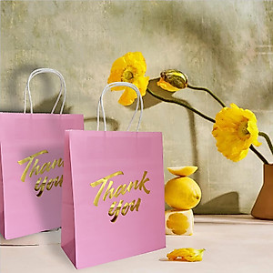 XIAMUY 50Pcs Gift Bags Medium, 8x4.25x10 Inch Paper Bags For Gifts, Thank You Gift Bags With Handles, Pink Shopping Bags, Paper Gift Bags For Christmas, Holiday, Business