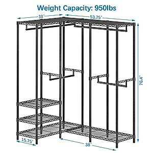 VIPEK L40 L Shaped Garment Rack Heavy Duty Clothes Rack for Hanging Clothes, Freestanding Closet Wardrobe Rack Metal Clothing Rack for Corner, 53.75" L x 38" W x 76.4" H, Load Capacity 950 LBS, Black