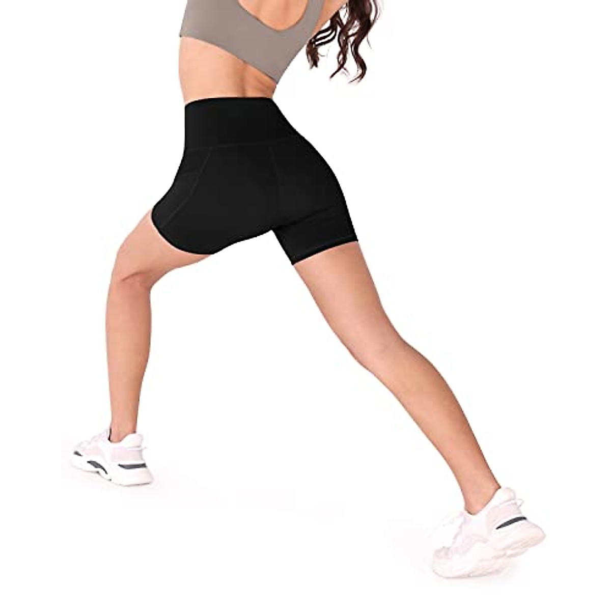 ODODOS 5" Tummy Control Yoga Shorts for Women with Pockets High Waist Athletic Workout Biker Shorts, Black, Medium