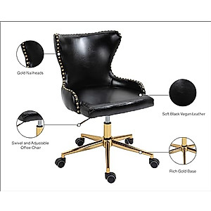 Meridian Furniture 167Black Hendrix Collection Modern Contemporary Vegan Leather Upholstered Swivel Adjustable Office Chair with Button Tufting and Gold Base, Black, 21.5" W x 24" D x 30.3"-32.6" H
