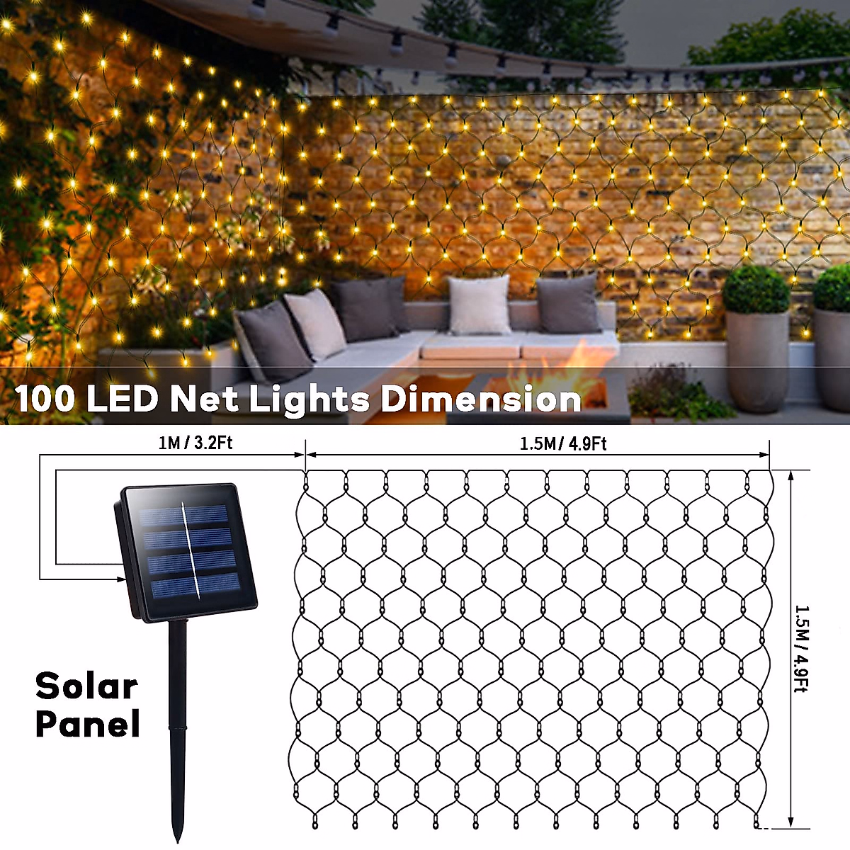 Christmas Net Lights Solar Powered, 100 LED 5Ft x 5Ft Bush Net Light Outdoor Mesh Lights Auto On/Off 8 Modes for Tree Fence Wall Roof Backyard Bush Decor (Warm White)