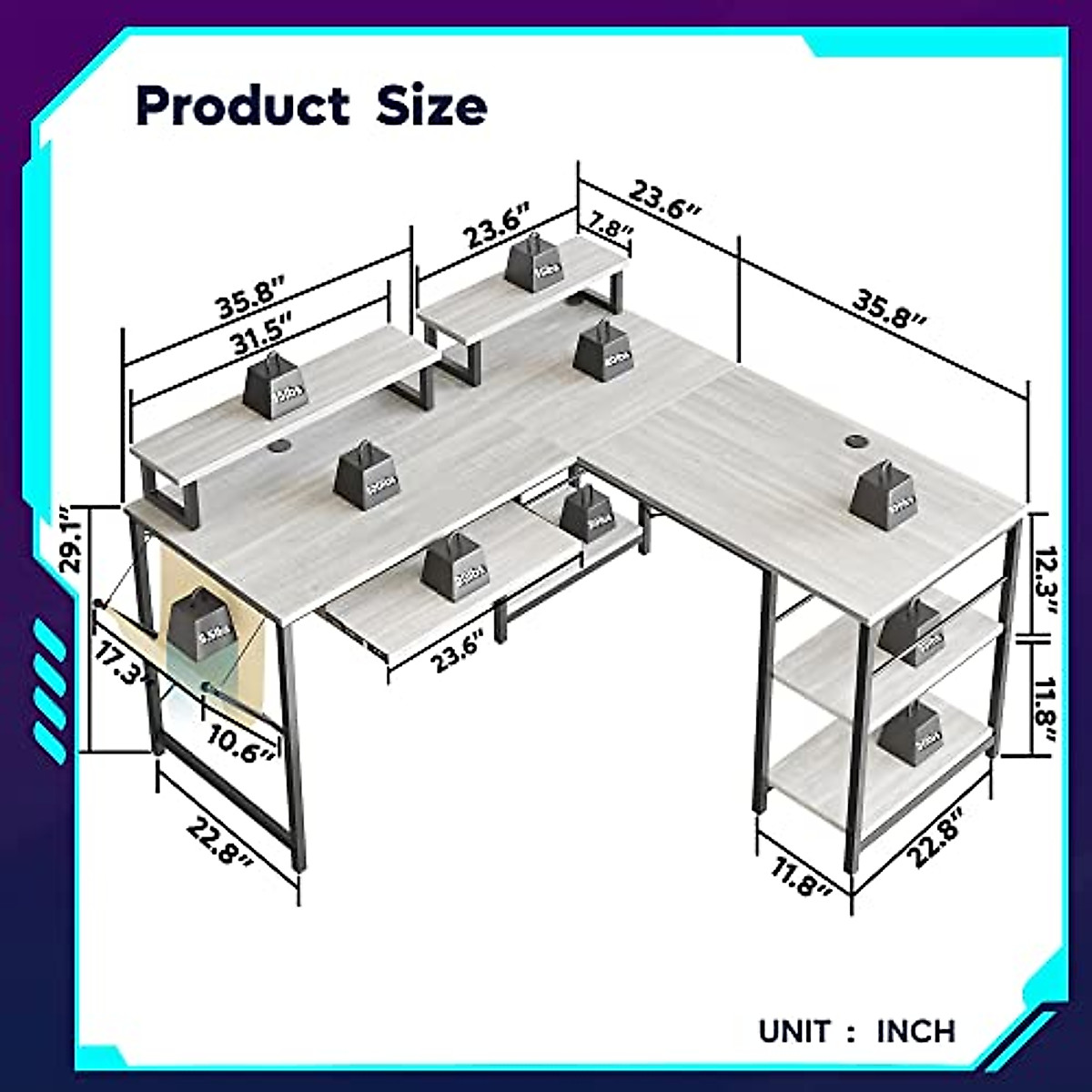 Bestier L Shaped Office Desk with Led Light 95.2 Inch Gaming Corner Desk or 2 Person Long Table with Shelves Monitor Stand and Keyboard Tray for Home Office, White Wash