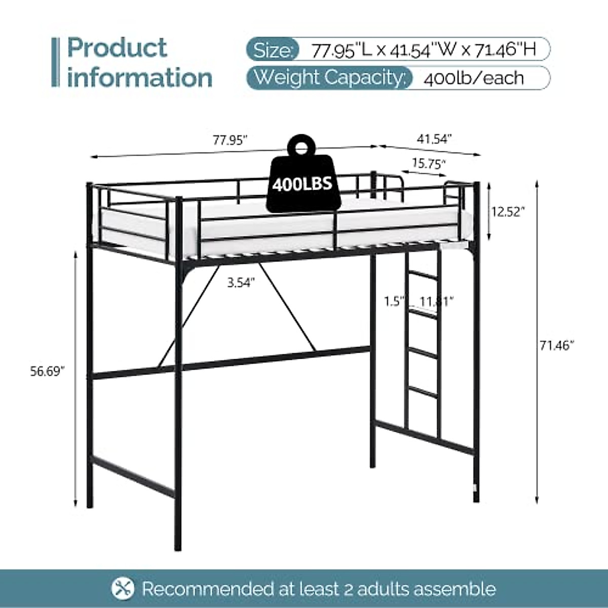 VINGLI Twin Loft Bed with Stairs, Metal Loft Bunk Bed with Safety Guard Rails & Flat Ladder Rung/Rubber Cover for Kids Teens Adults, Black