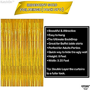KatchOn, Iridescent Gold Fringe Curtain Backdrop - XtraLarge, 6.4x8 Feet, Pack of 2 | Gold Foil Curtains | Gold Streamer Backdrop Curtain, Gold Backdrop Curtain for Gold Streamers Party Decorations