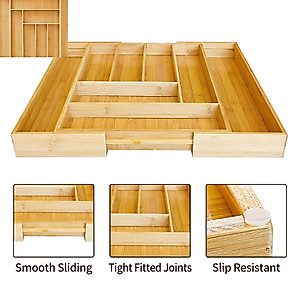 ZROOY Expandable Bamboo Kitchen Silverware Organizer Drawer for Utensils Holder and Cutlery, 8 Compartments for Drawer Tray with Grooved Drawer Dividers , Flatware and Kitchen Utensils (Natural)