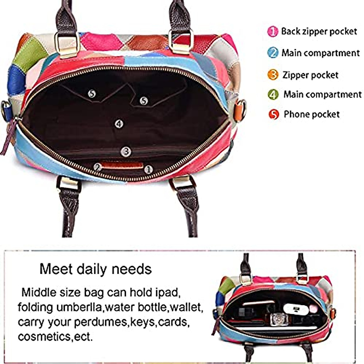 Downupdown Genuine Leather Handbags Women Top Handle Handbags Multicolor Square Splice Satchel Bag Tote Purse with Long Strap