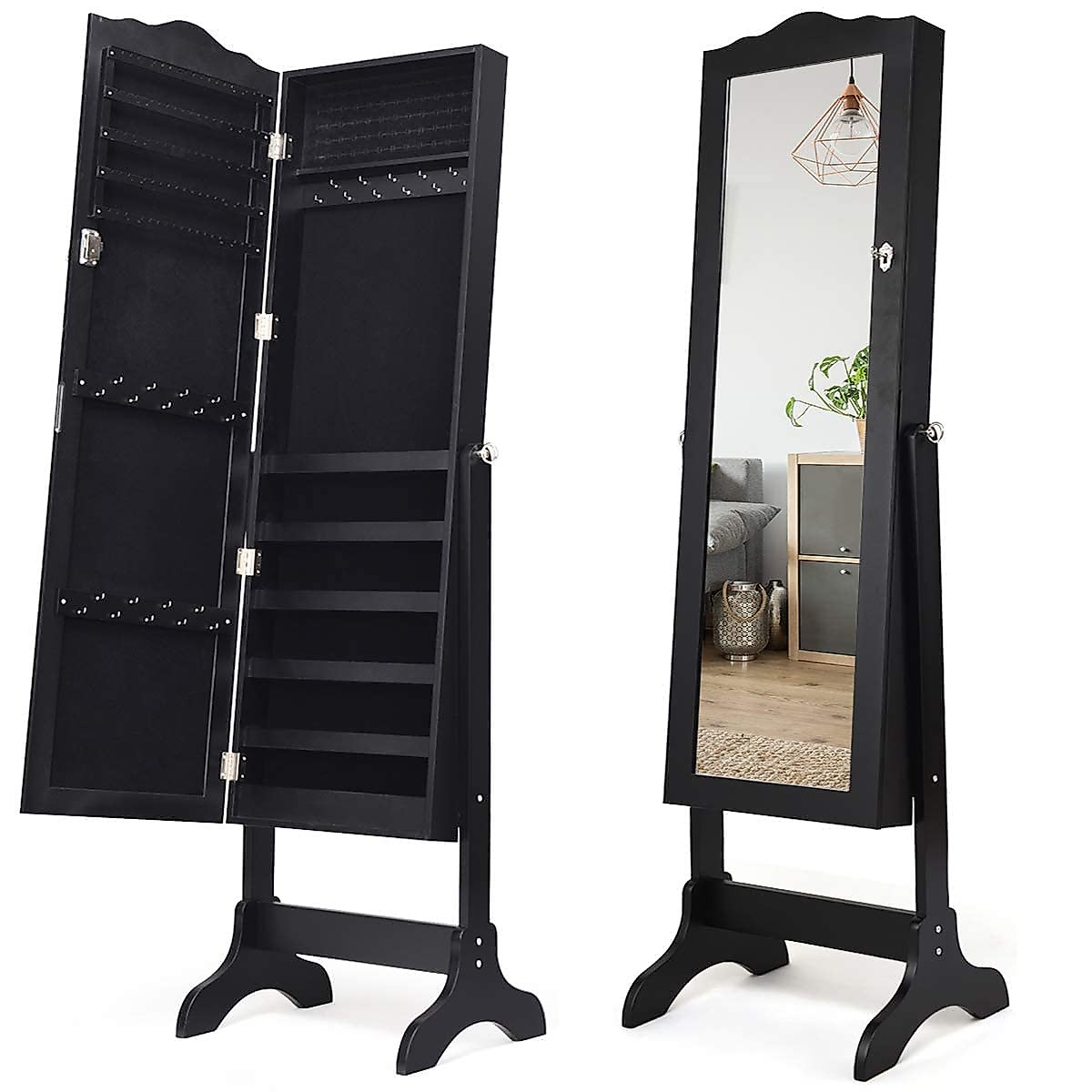 AUGESTER Lockable Mirrored Standing Jewelry Armoire Organizer, Large Storage Jewelry Cabinet w/Full Length Outside Mirror, 4 Angel Adjustable & Top Arc Design, 2-in-1 Jewelry Box Organizer (Black)