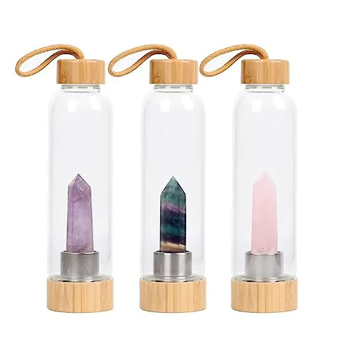 GPPSUNGD Crystal Glass Water Bottle Natural Crystal Energy Bottle with Gemstone Center Crystal Elixir Bottle for Healing and Wellness (Purple)