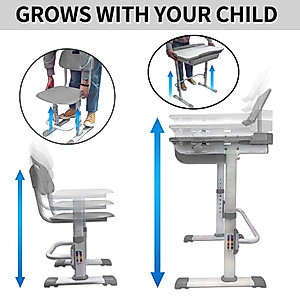 LVYUAN Kids Desk and Chair Set, Height Adjustable Kids Study Desk for Bedroom, Desk for Kids with Tiltable Desktop, 3 Modes Light, Go Back School Desk, Grey