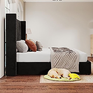 Jocisland Queen Bed Frame Lift Up Storage Bed, Velvet Queen Upholstered Bed Frame Channel Tufted Wingback Headborad/No Box Spring Needed/Black