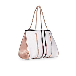 Haute Shore - Greyson Diva Neoprene Tote Bag w/Zipper Wristlet Inside, White W/Black, Rosegold & White Stripe