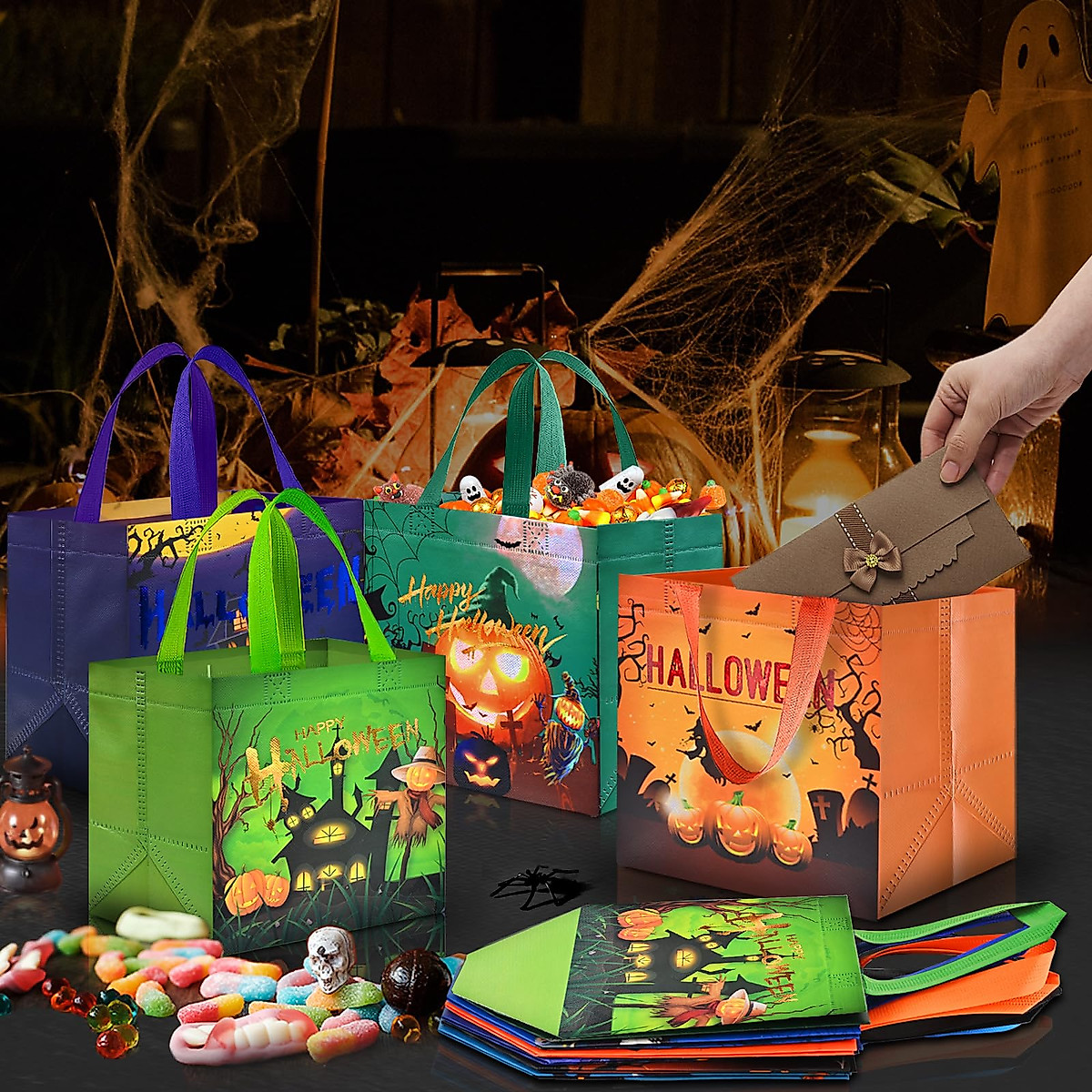 AhfuLife 6 Pcs Halloween Trick or Treat Bags, Halloween Candy Tote Bags with Handles, Reusable Halloween Non-Woven Gift Bags for Halloween Party Supplies Favors (7.8×7.8×5.9’’)