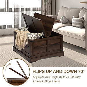 Wnutrees Farmhouse Coffee Table with Hinged Lift Top and Large Hidden Storage Compartment, Rustic Square Wood Central Table for Living Room, Bedroom, Home Office,Walnut