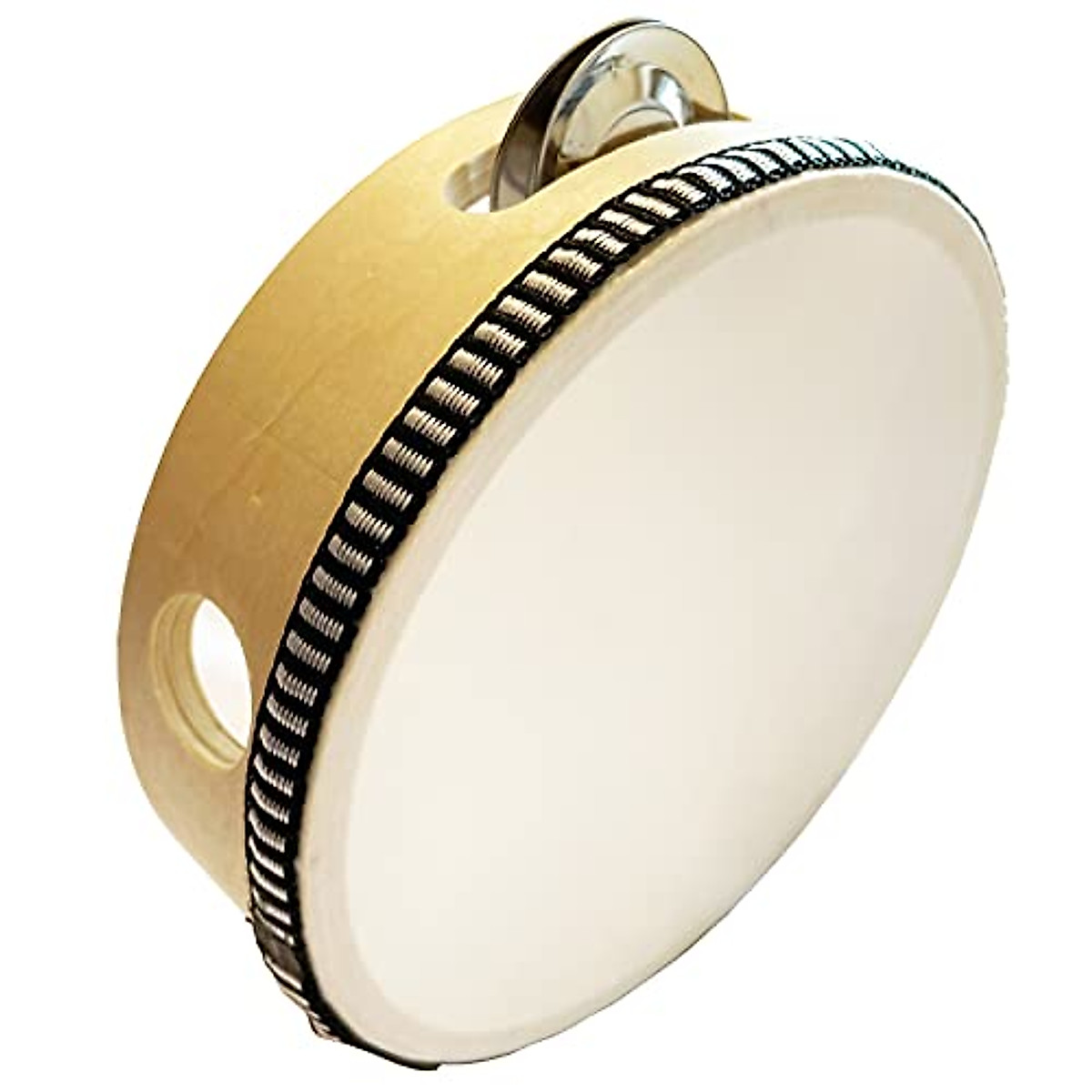 Luvay 6" Hand Held Tambourine Drum - Metal Jingles Percussion Instrument with Head (White)