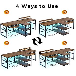 SEDETA 94.5" Home Office Desks, Computer Gaming Desk with Storage, LED Lights, Power Strip with USB, Keyboard Tray & Monitor Stand, Extra Long Double Desk for 2 Person, Rustic Brown