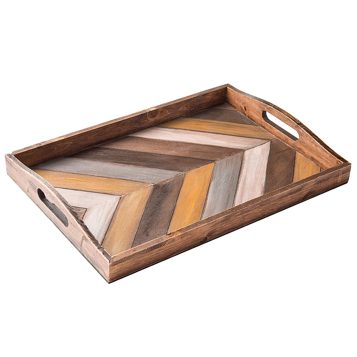 MyGift Rustic Chevron Stripe Pattern Rectangular Wood Breakfast Serving Tray/Decorative Coffee Table Tray with Cutout Handle - 16 x 12-Inch
