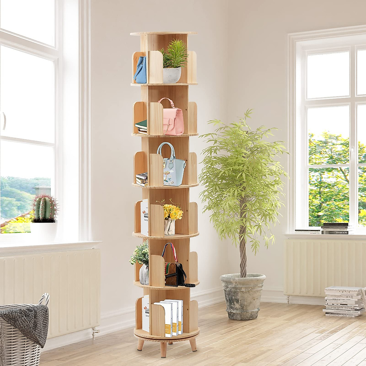 YYDIPO 360° Rotating Bookshelf 6 Tier Rotating Bookshelf Stackable Vertical Bookshelf Floor Standing Organizer or Home Office