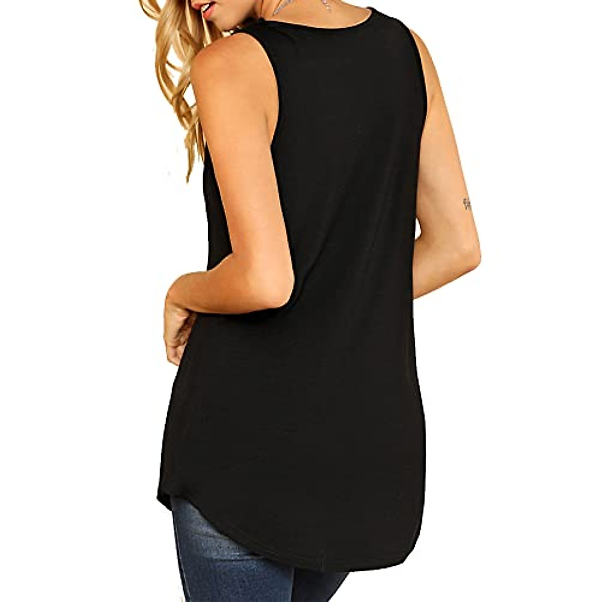 Verdusa Women's Basic V Neck Longline Dolphin Hem Loose Tunic Tank Top Black S