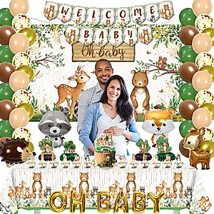 Mpanwen Woodland Baby Shower Decorations, 150 Pcs Boy & Girl Gender Neutral Forest Animal Decor for Showers & Birthdays with Banners Cupcakes Wrappers Balloons Backdrop Tablecloth Centerpieces