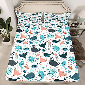 Cute Whale Bed Sheets Full Size, Kids Kawaii Cartoon Octopus Sheet Set, Jellyfish Shell Starfish Crab Fitted Sheet For Little Boys Girls, Ocean Beach Sea Animals Bedding Set With Kawaii Flat Sheet