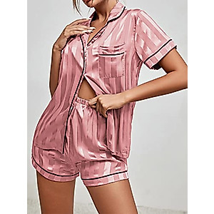 Umenlele Women's Silky Satin Striped Pajamas Short Sleeve Top with Shorts Sleepwear PJ Set Pink Small