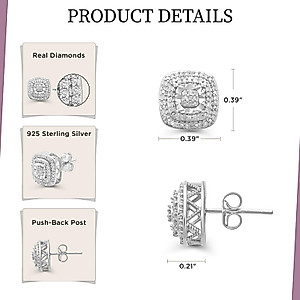 Jewelili Cushion Stud Earrings in Sterling Silver with 1/4 CTTW Double Halo Natural White Diamonds