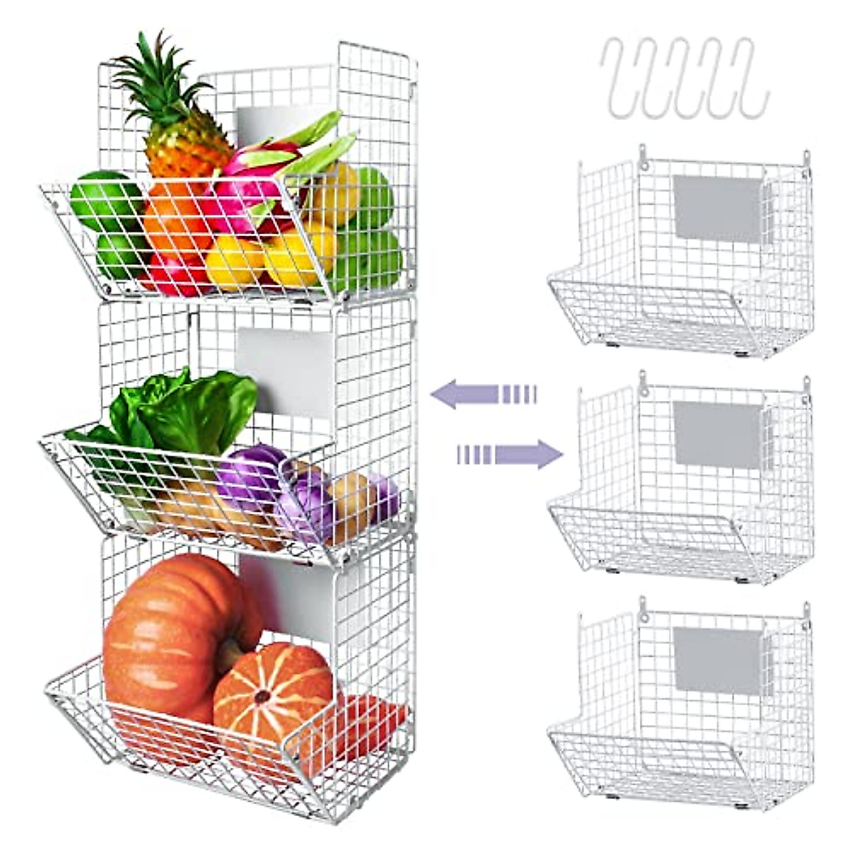 X-cosrack Metal Wire Basket Wall Mount, 3 Tier Wall Storage Basket Organizer with Hanging Hooks Chalkboards, Rustic Kitchen Fruit Produce Bin Rack Bathroom Tower Baskets (White)