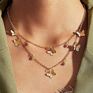 fxmimior Gold Simple Dainty Boho Butterfly chunky Chokers Necklace Layered Circle Necklace Bar Y Pendant Necklace for Women