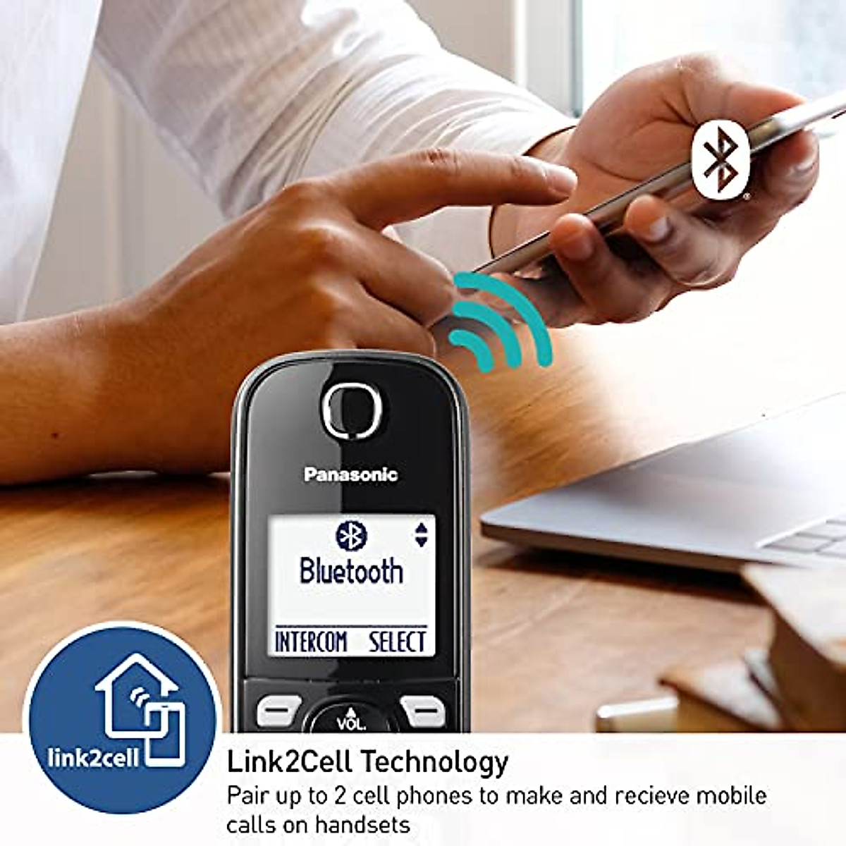 Panasonic Expandable Cordless Phone System with Link2Cell Bluetooth, Voice Assistant, Answering Machine and Call Blocking - 4 Cordless Handsets - KX-TGD664M (Metallic Black)