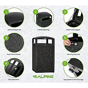 Alpine Indoor & Outdoor Commercial Trash Can with Lid - 40 Gallon Heavy Duty Metal Garbage Can with Removable Bin, Locking Lid for a Modern Look in Patio, Pool, Deck, Office Black, Grey Stone Panels