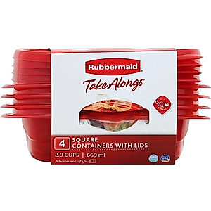 Rubbermaid TakeAlongs 2.9-Cup Square Food Storage Containers, 4-Pack, Chili Red