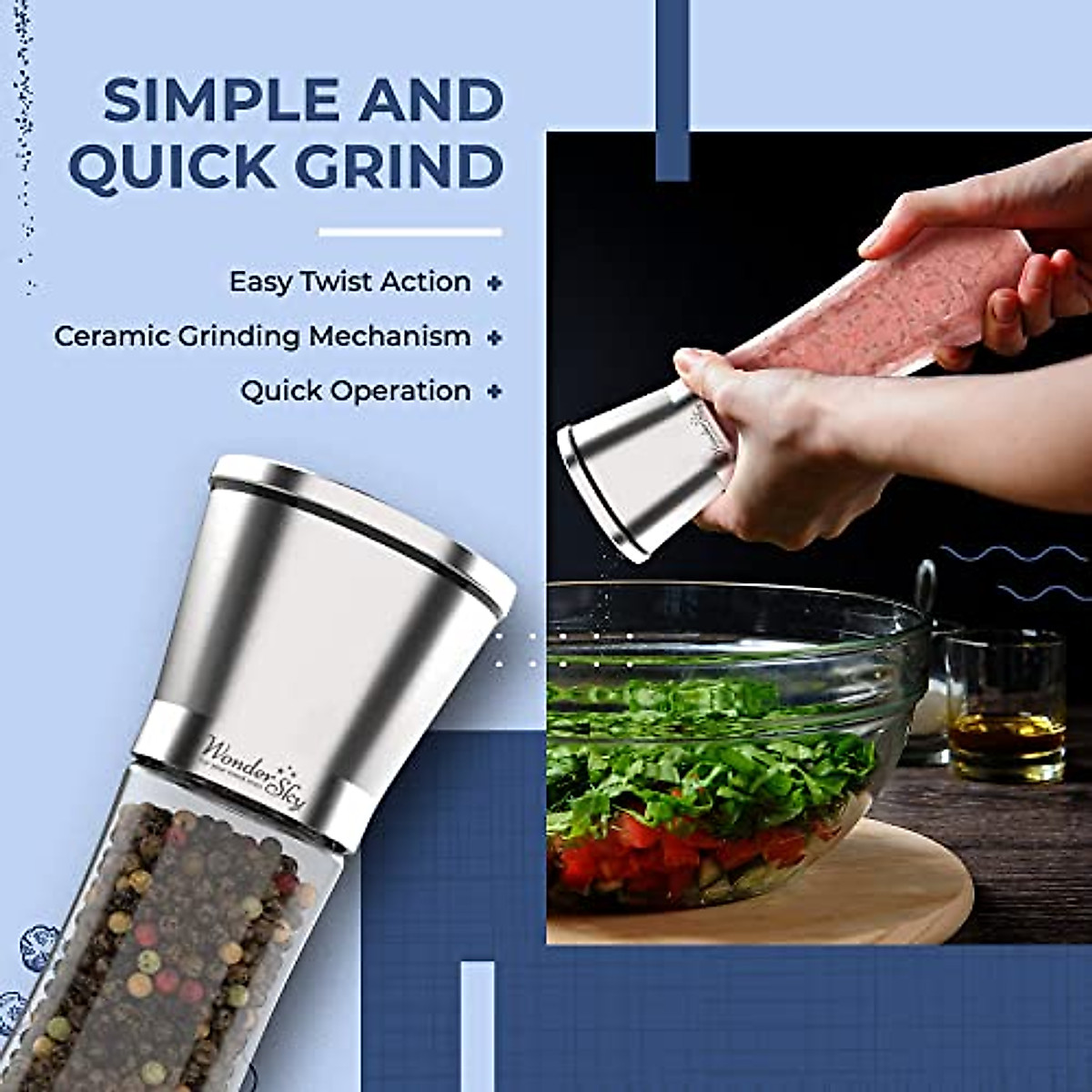 Salt and Pepper Grinder Set - 2 Pack - Pepper Mill, Salt Grinder, Refillable, Pepper Mill Grinder, Tall Glass Salt Pepper Grinder, Salt Pepper Grinder Set, Salt Pepper Set, Black Pepper Grinder