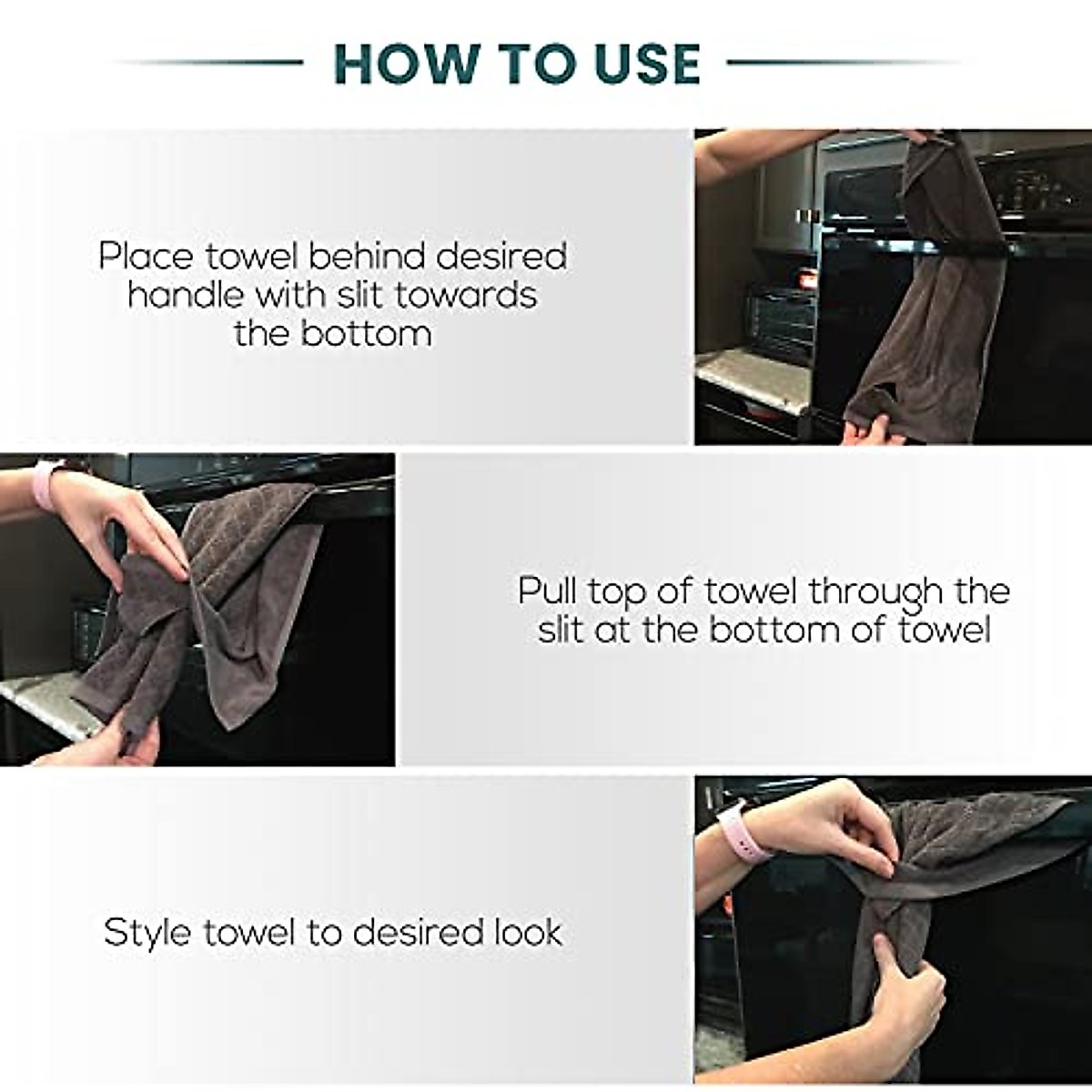 Grey Hand Towels with Hanging Loops - Set of 2 Gray Kitchen Towels, Hanging Kitchen Towels with Hanging Loop, Grey Dish Towels with Loops for Hanging, Oven Towel Loop Without Buttons or Snaps (Short)
