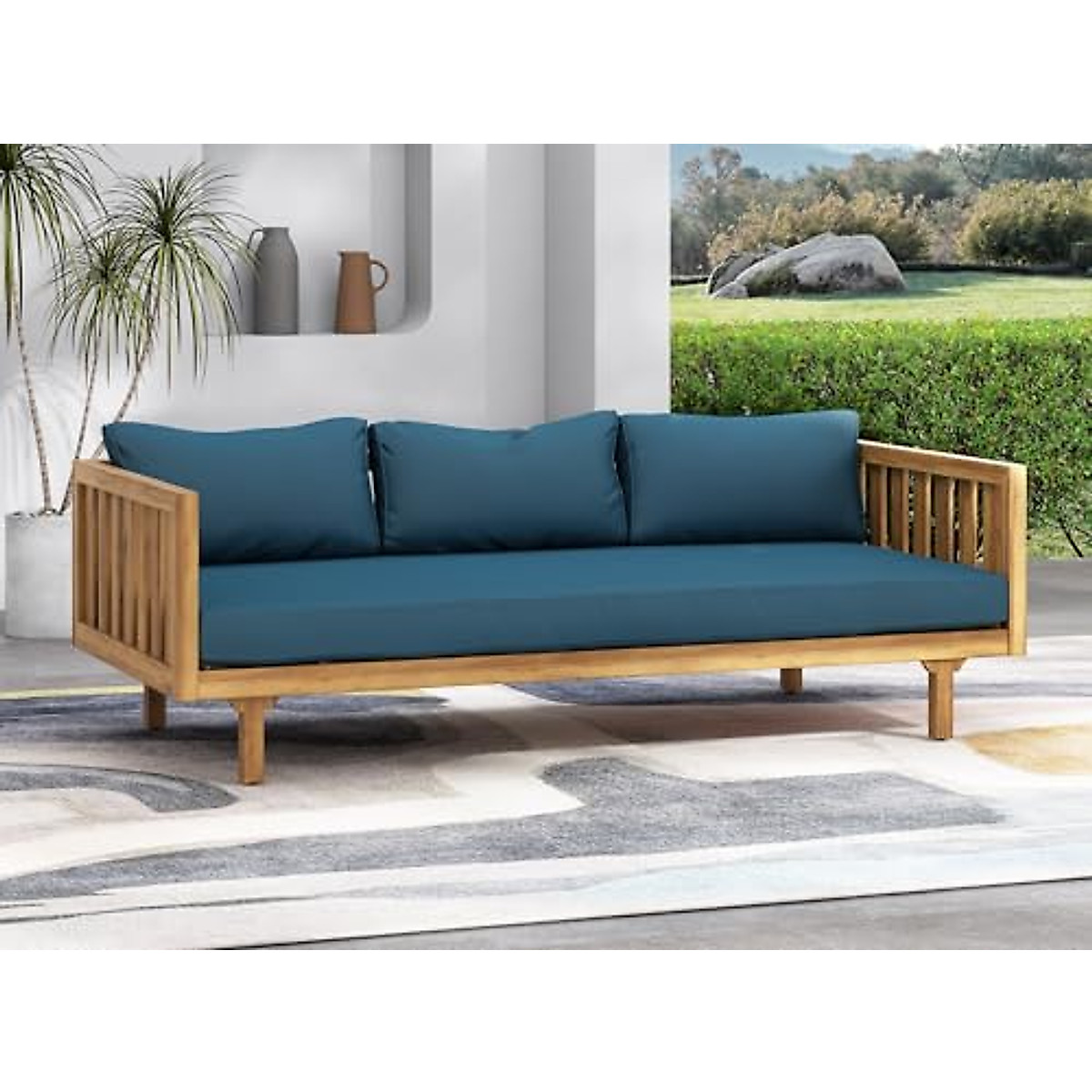 Merax Outdoor 3 Seater Daybed, Acacia Wood Day Bed Couch Sofa with Cushions for Patio Backyard, Garden, Blue