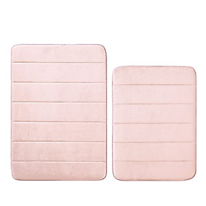 15 Piece Bathroom Shower Curtain set with Memory Foam Bath rugs. 2 Solid Rose Pink Beige Color Modern Design None-Slip Bath Mats Includes12 Roller Ball Hooks Style Carrie (Lite Rose Pink)