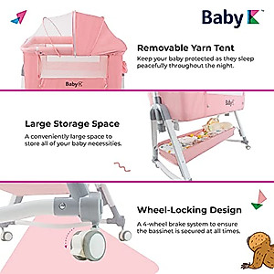 BABY K Baby Bassinet Bedside Sleeper (Pink) - 3 in 1 Bedside Bassinet Crib Attach To Bed - Convertible Bassinet With Breathable Attached Mesh Side and Mattress - Baby Co Sleeper For Bedside For Infant
