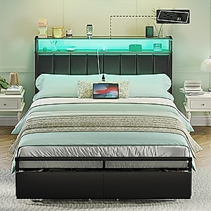 amerlife LED Bed Frame with Drawers, Full Platform Bed Frame with 2-Tier Storage & Leather Upholstered & Charging Station Headboard, No Box Spring Needed, Noise Free, Easy Assembly, Black