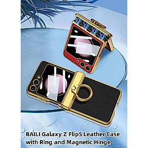 BAILI Galaxy Z Flip5 Case with Ring,Galaxy Z Flip5 Case with Magnetic Hinge,Z Flip5 Case with Leather,Military Grade Drop Protective Flip 5 Case with Electroplated Frame-Orange